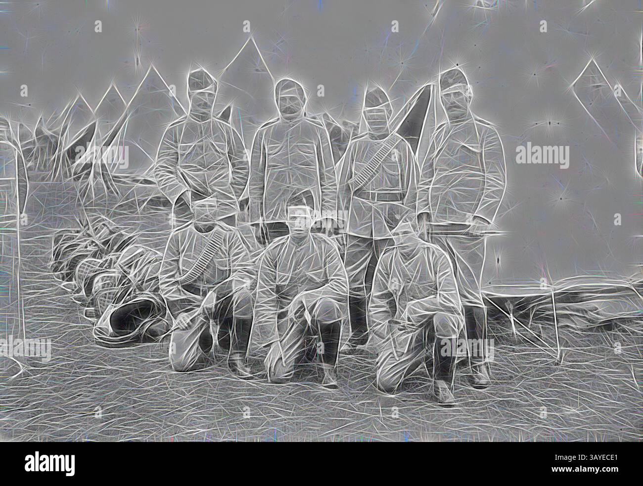 A group of seven soldiers poses in front of their tents, dressed in ...