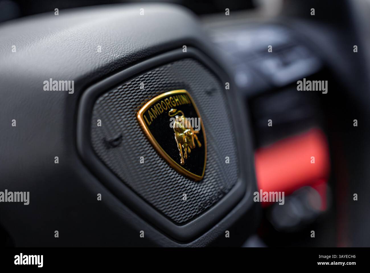 Close Up of Lamborghini Logo on Steering Wheel of a Lamborghini Urus ...