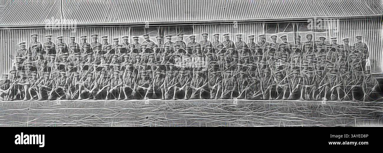 A large group of uniformed soldiers stands in formation in front of a ...