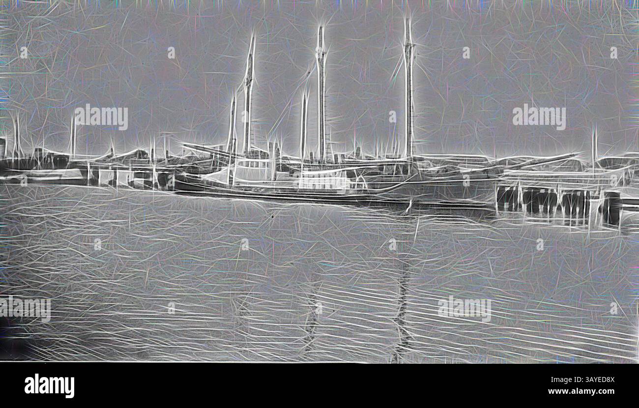 A harbor scene featuring tall masts of ships silhouetted against a ...