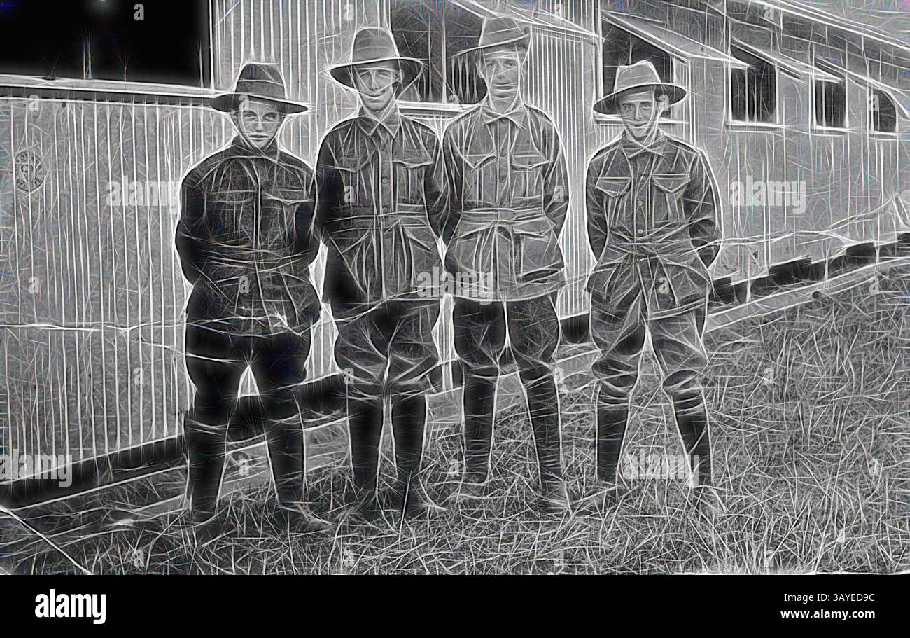 Four soldiers stand side by side, dressed in military uniforms with ...