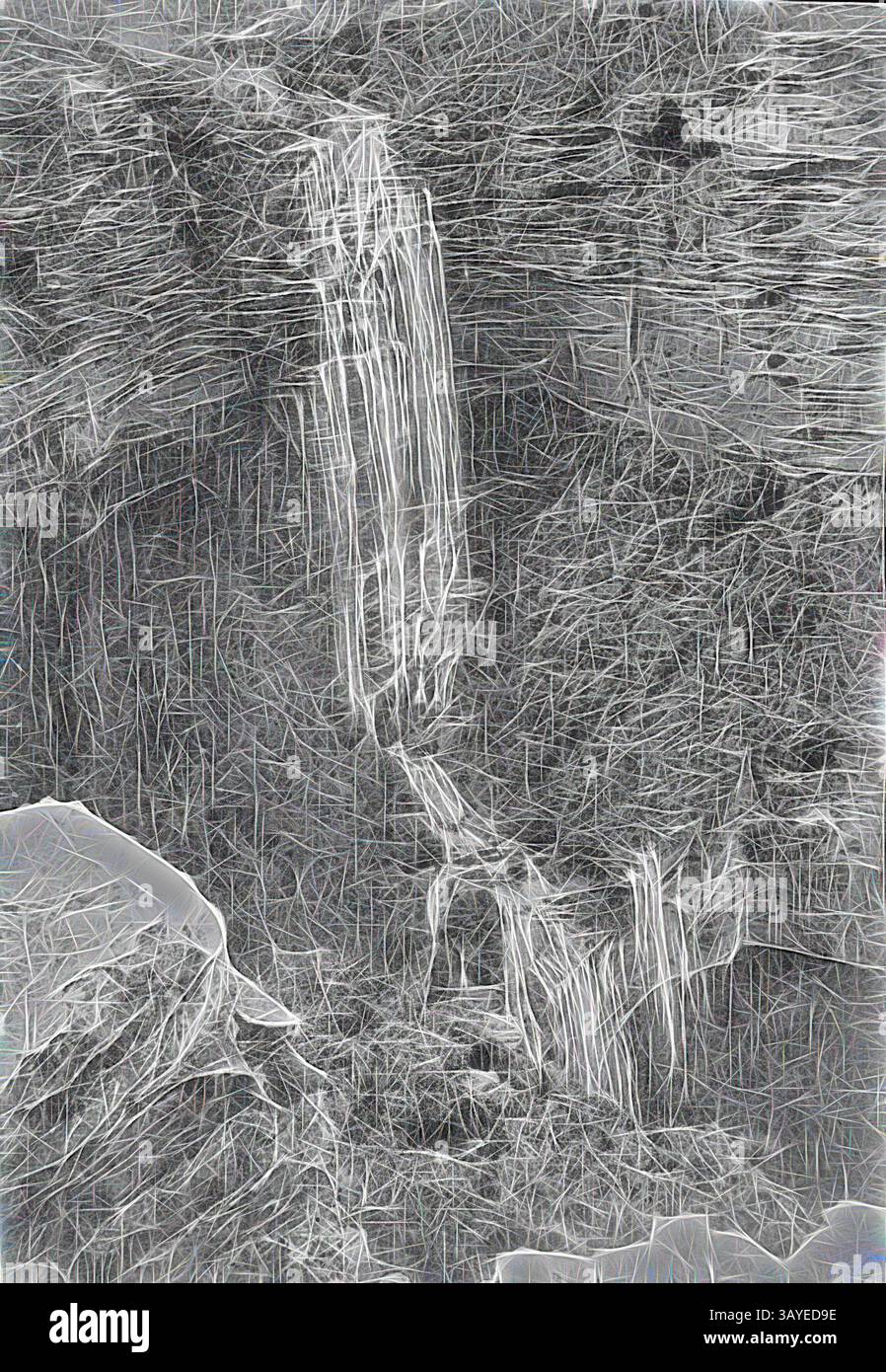 A cascading waterfall flows over rugged rocks, surrounded by textured ...