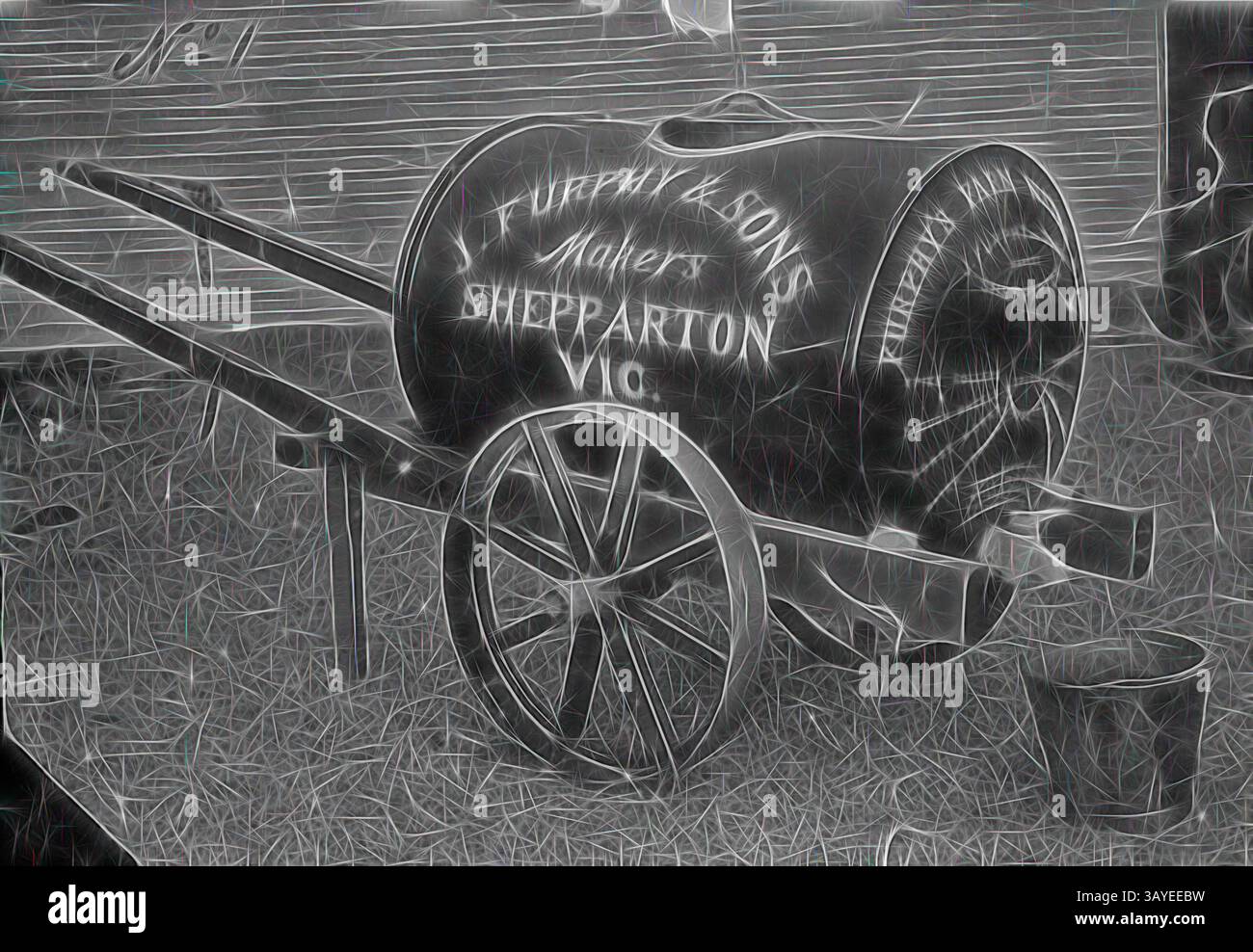 An old water cart with a large, cylindrical tank mounted on two wooden ...