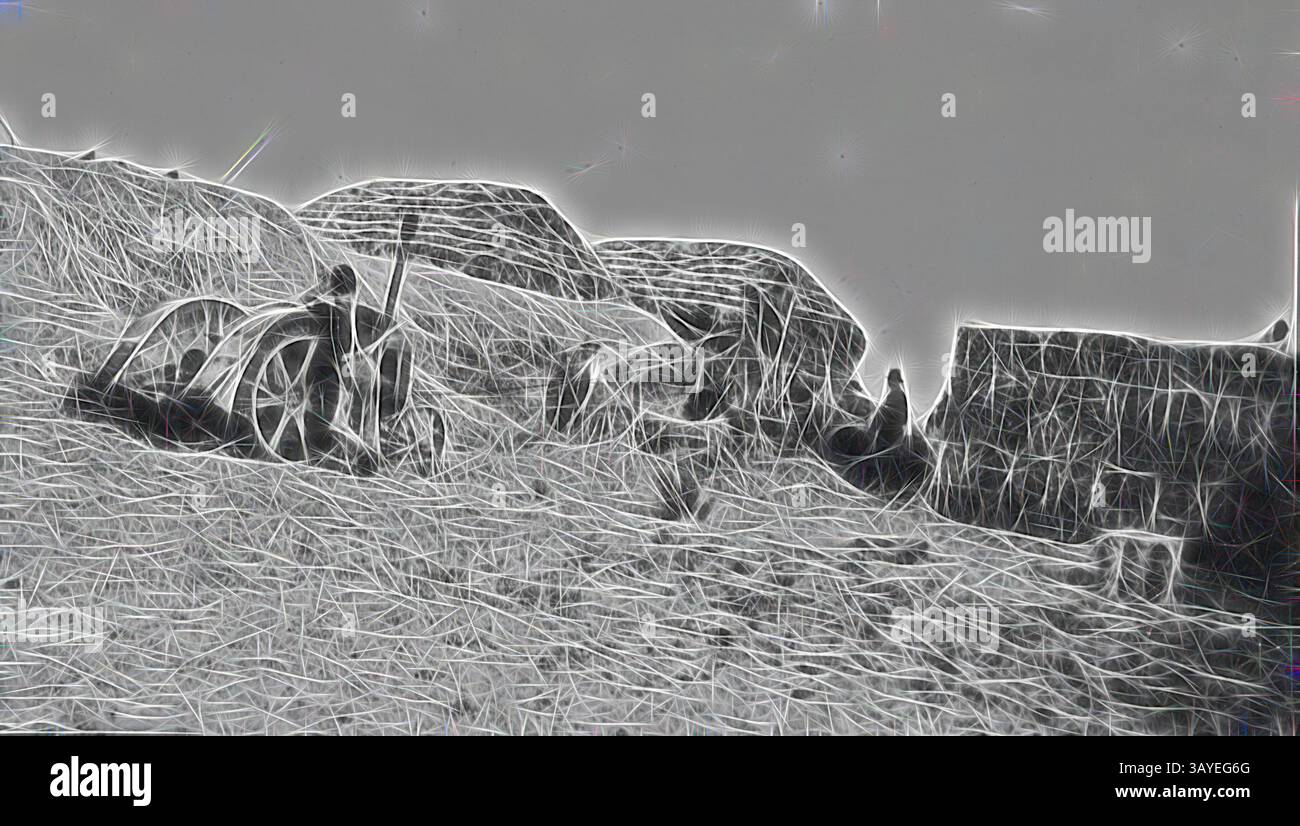 A landscape featuring rugged hills and structures, creating an abstract ...