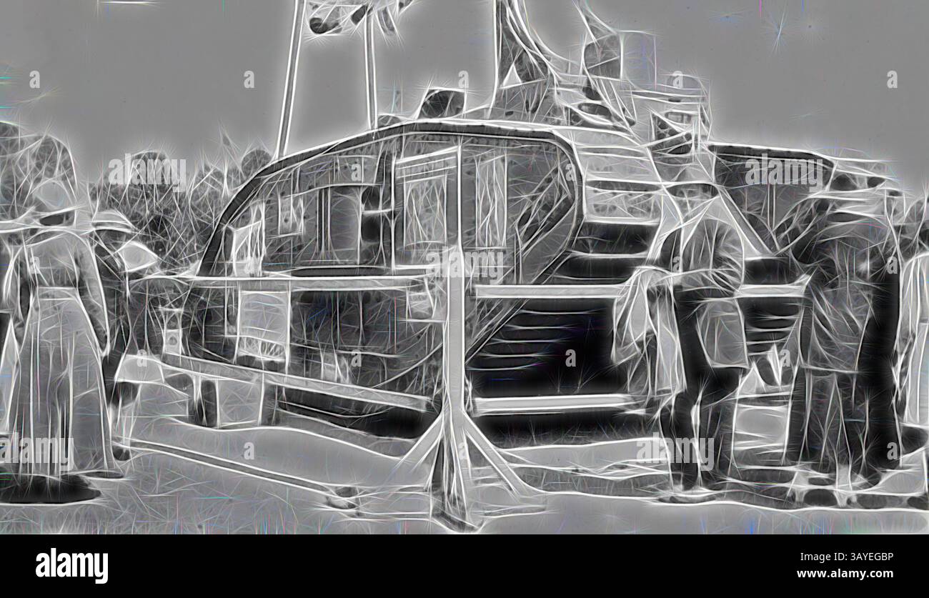 A historical scene featuring a large, intricately designed vessel ...