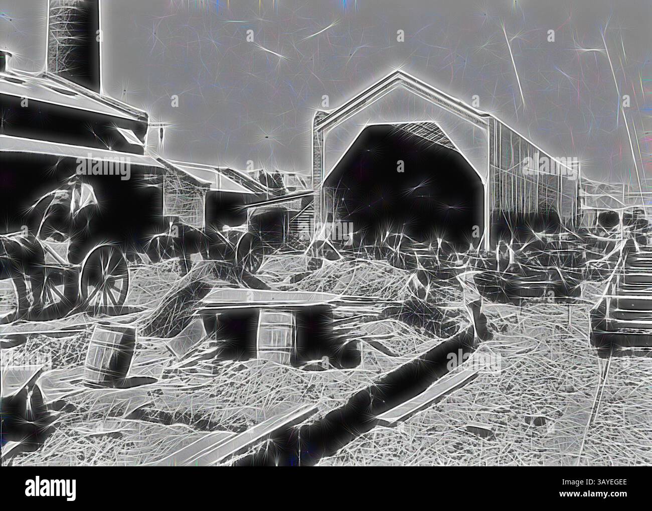 An abstract portrayal of a rustic farm environment, featuring a large ...