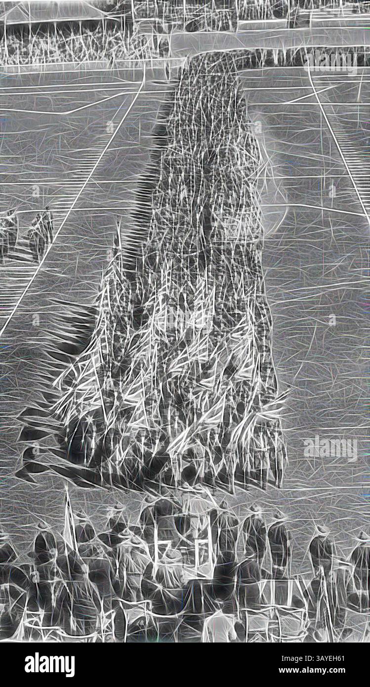 A dynamic scene depicting a large group of people, organized in lines ...