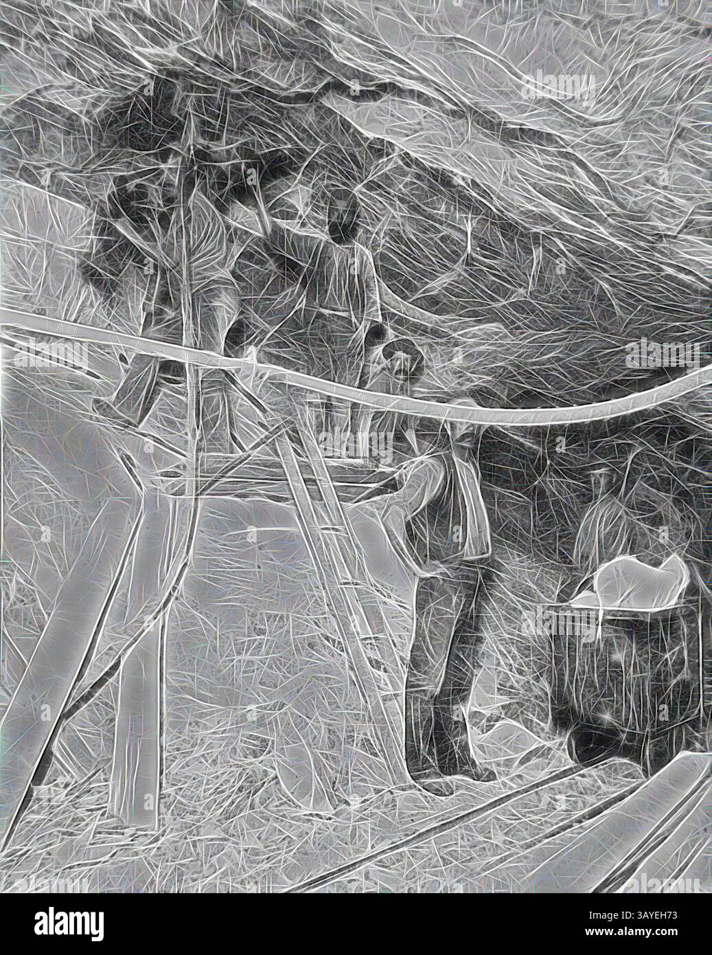 Workers are seen engaged in a mining operation, using ladders and ...