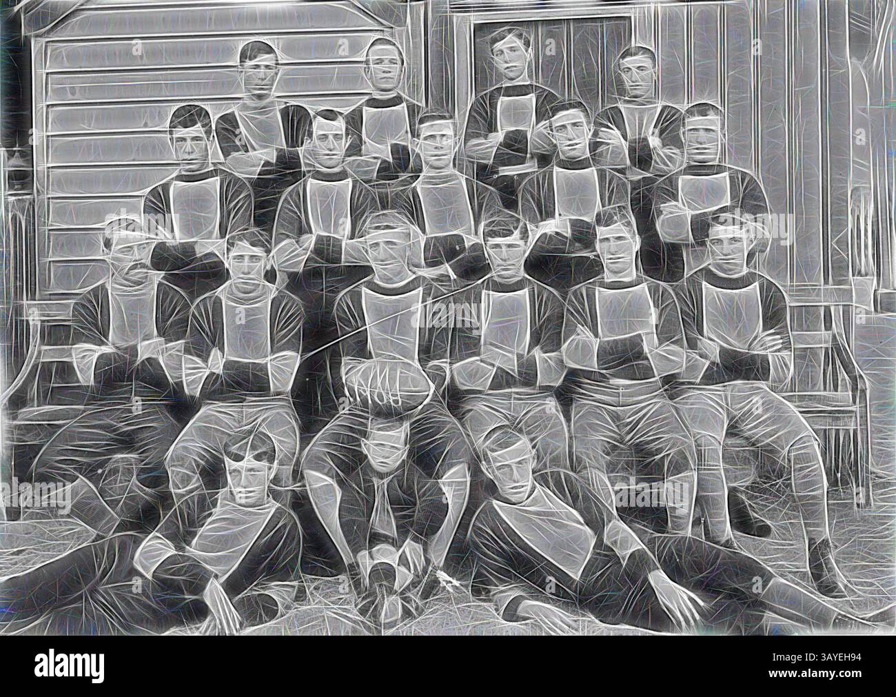 A nostalgic gathering of a vintage baseball team, posed on a rustic ...