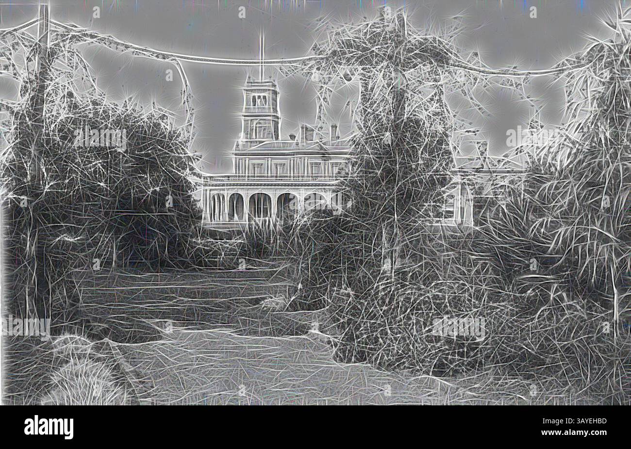 A serene scene featuring an ornate building partially obscured by lush ...