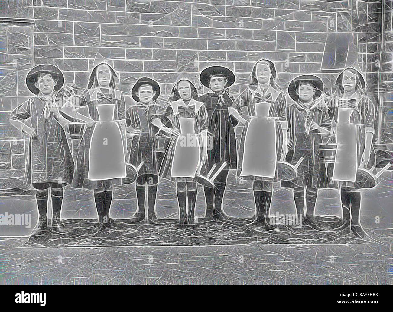 A group of seven children stands in a line, each wearing similar ...