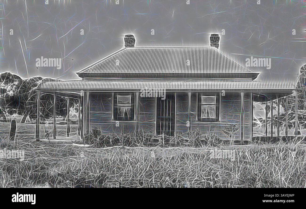 A weathered house with a distinctive roof and two chimneys sits amidst ...