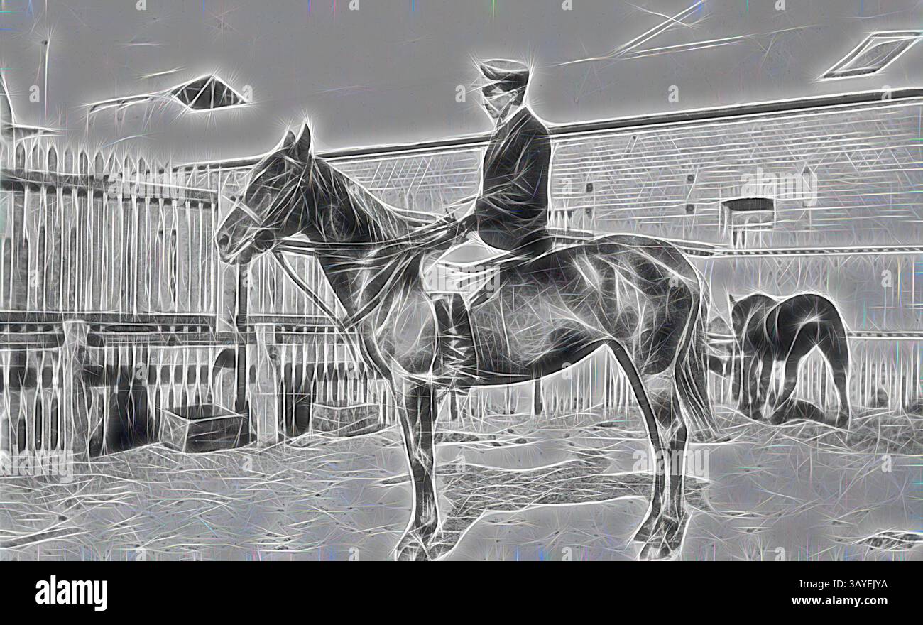 A rider sits confidently atop a horse, surrounded by wooden fences ...