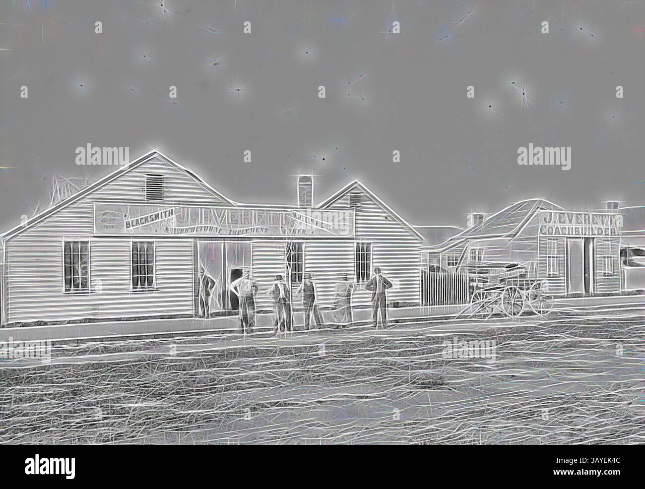 An old Western-style building with signs indicating a blacksmith and ...