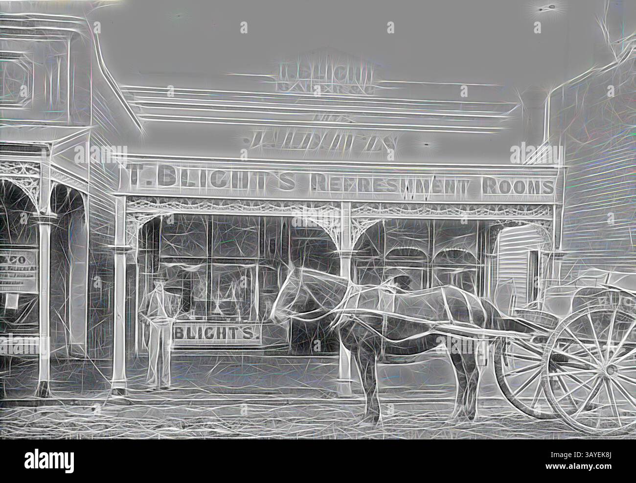 A horse-drawn carriage stands in front of a vintage refreshment room ...