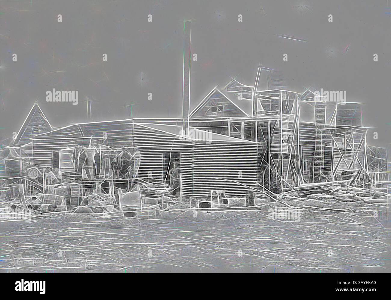 A weathered structure stands near the water, surrounded by scattered ...