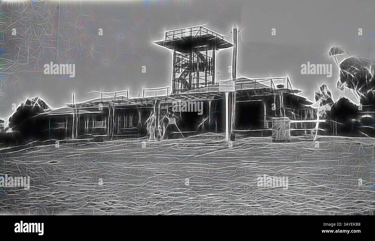 An abstract representation of a tower structure surrounded by a barren ...