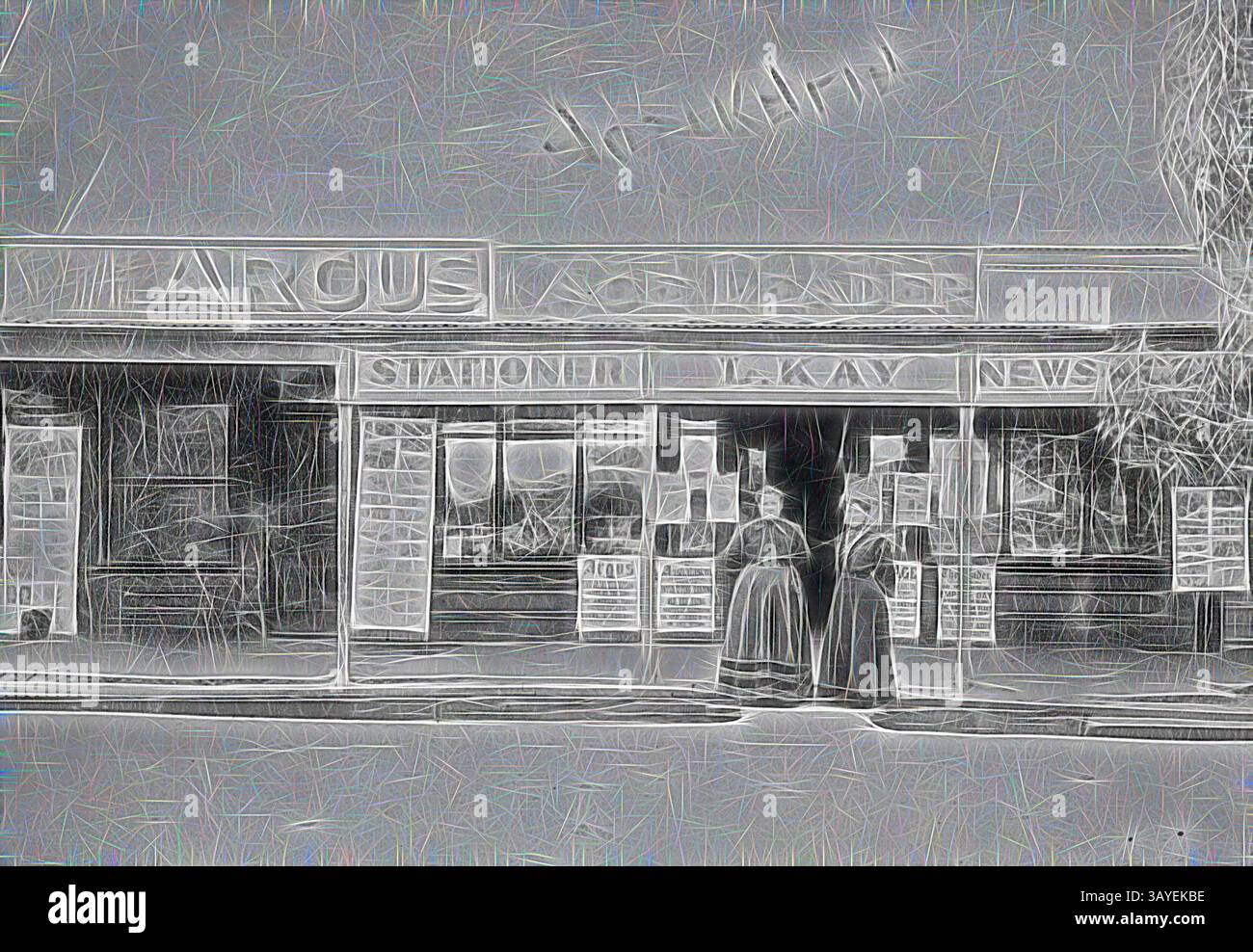 A vintage storefront showcases multiple signs for newspapers and ...