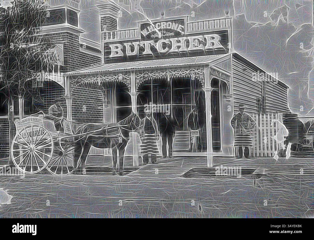 A storefront labeled "Butcher" features a horse-drawn cart in front ...