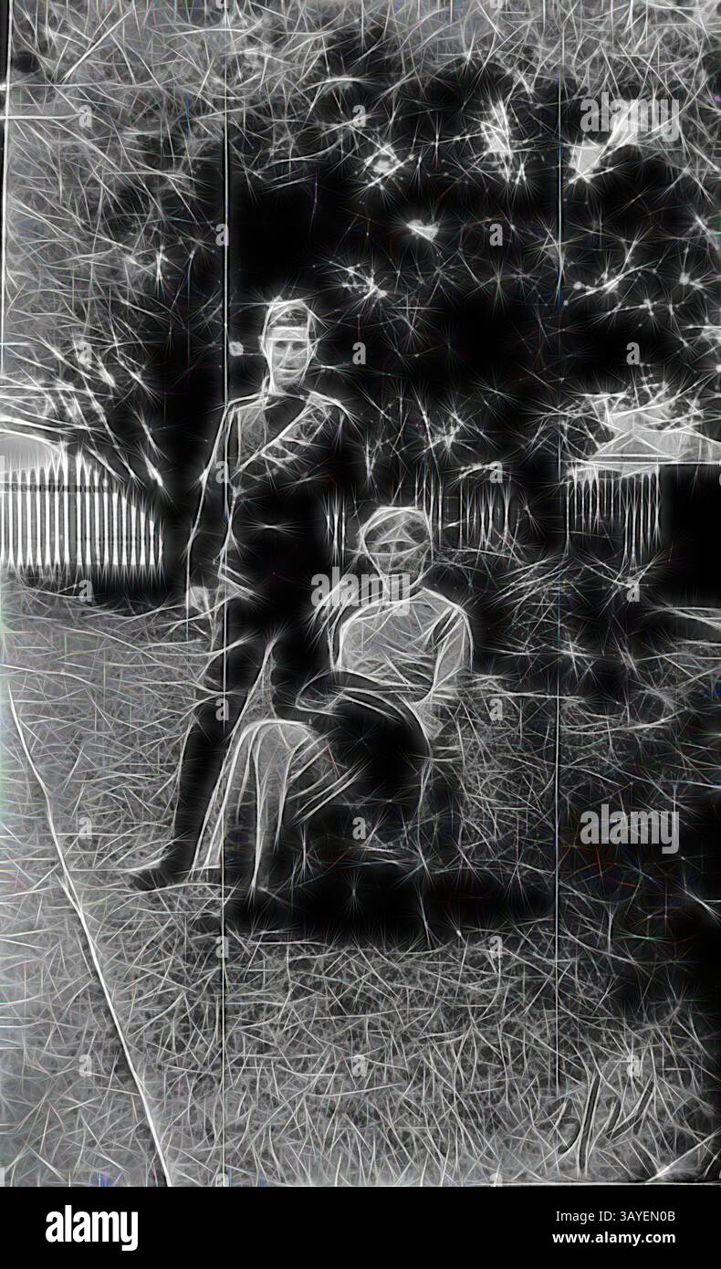 A man in military attire stands confidently beside a seated woman in a formal dress, both posed ...