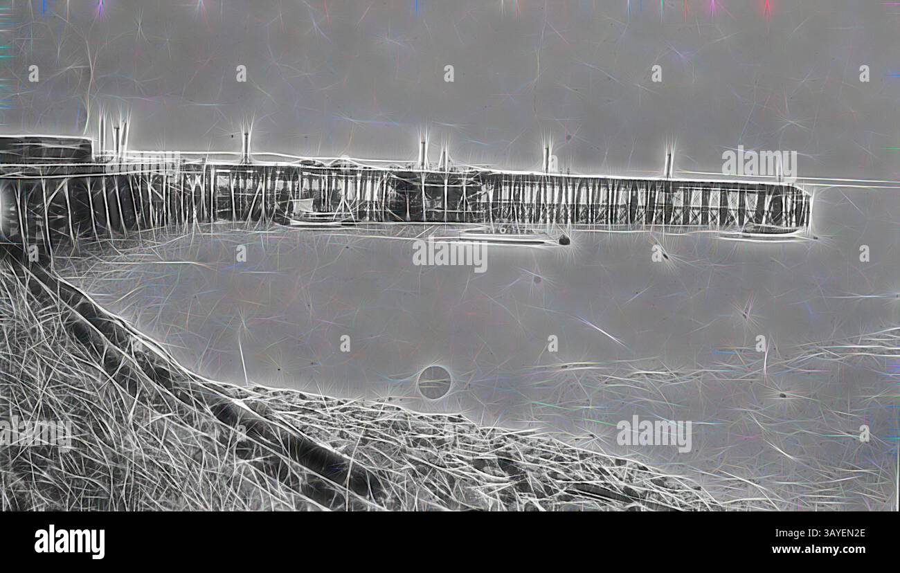 A serene coastal scene featuring a long pier extending out into the ...