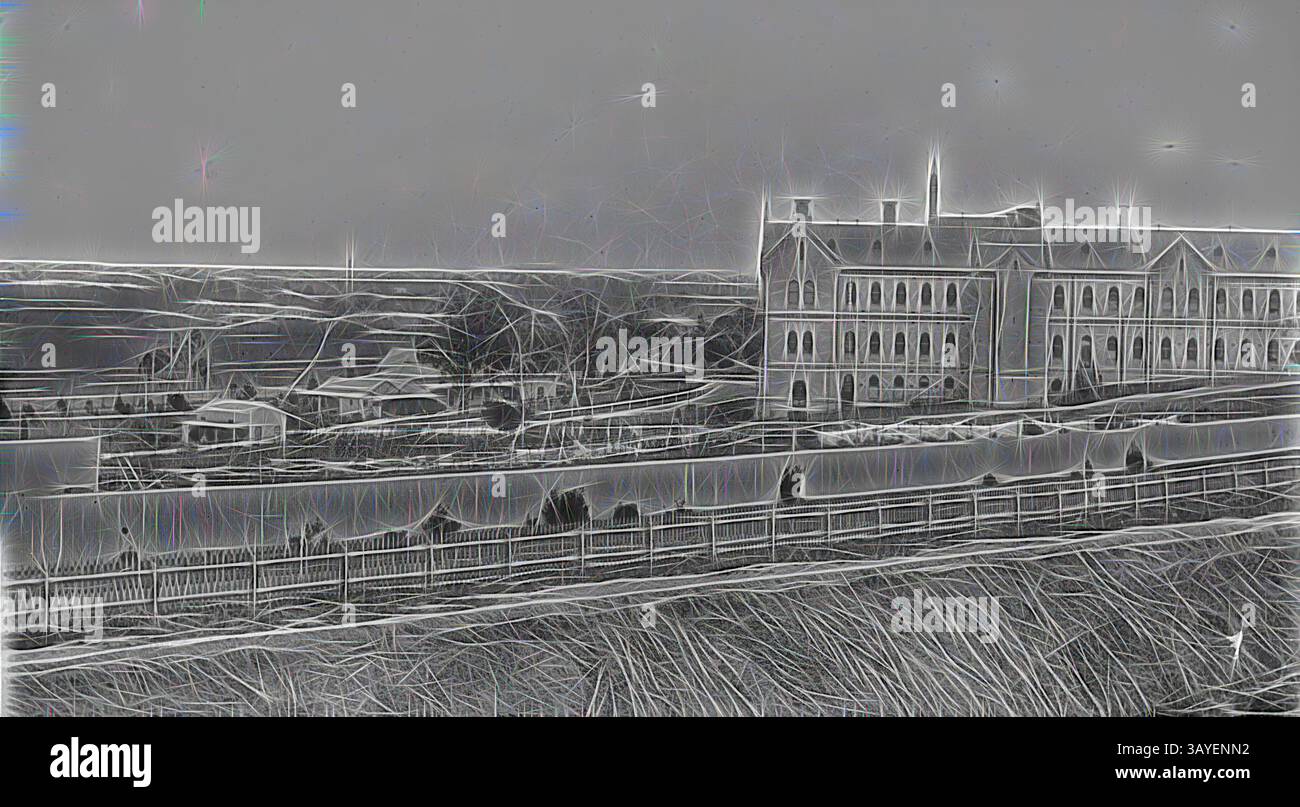 A distant view of an expansive landscape featuring a large, imposing ...