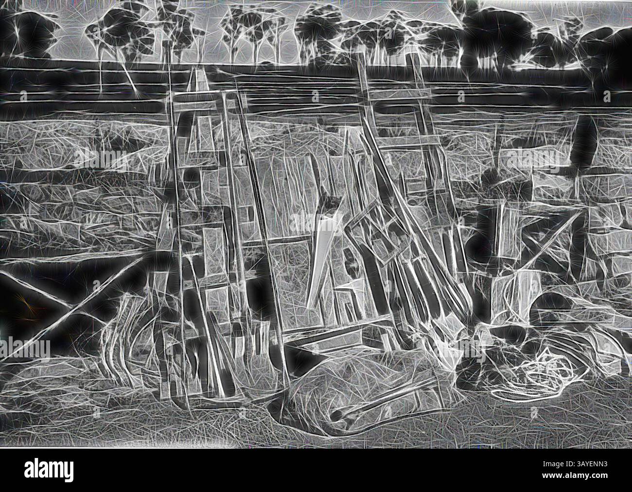 A collection of weathered tools and equipment rests haphazardly against ...