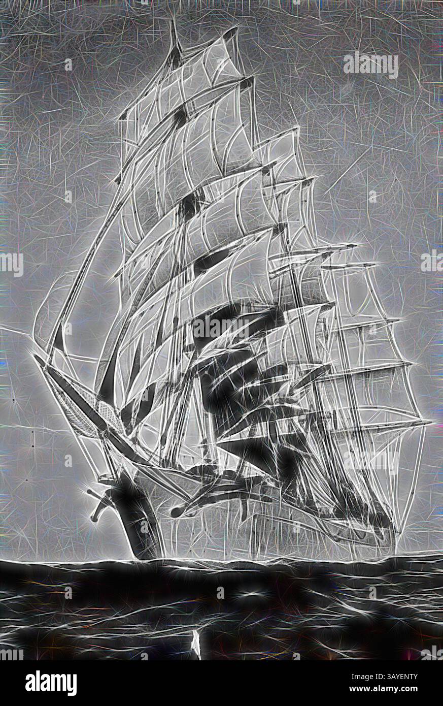 A majestic sailing ship with billowing sails navigates the open waters ...