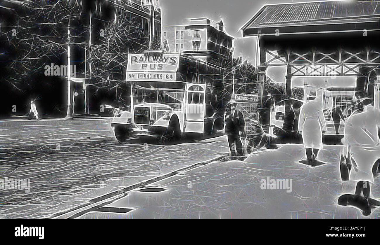 A vintage bus labeled "RAILWAYS BUS" is parked near a bustling street ...