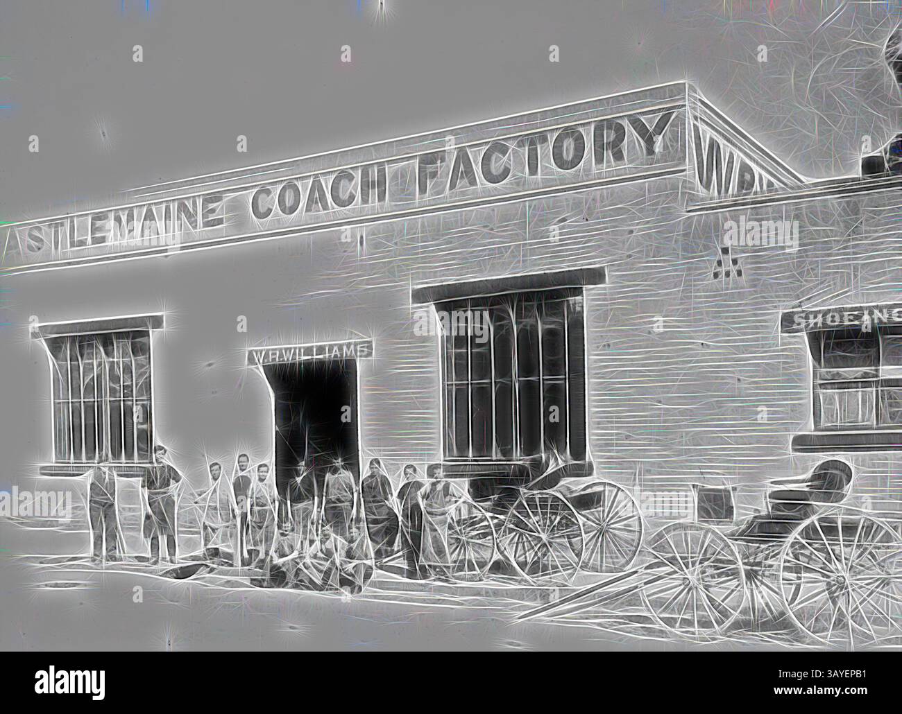 A historic coach factory with people gathered outside, showcasing horse ...