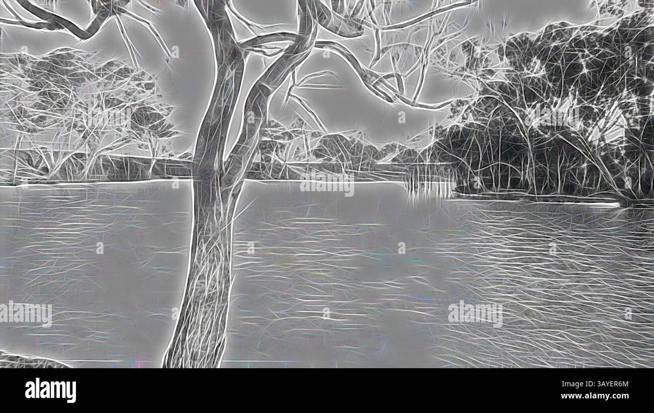 A serene lakeside scene features a solitary tree arching gracefully ...
