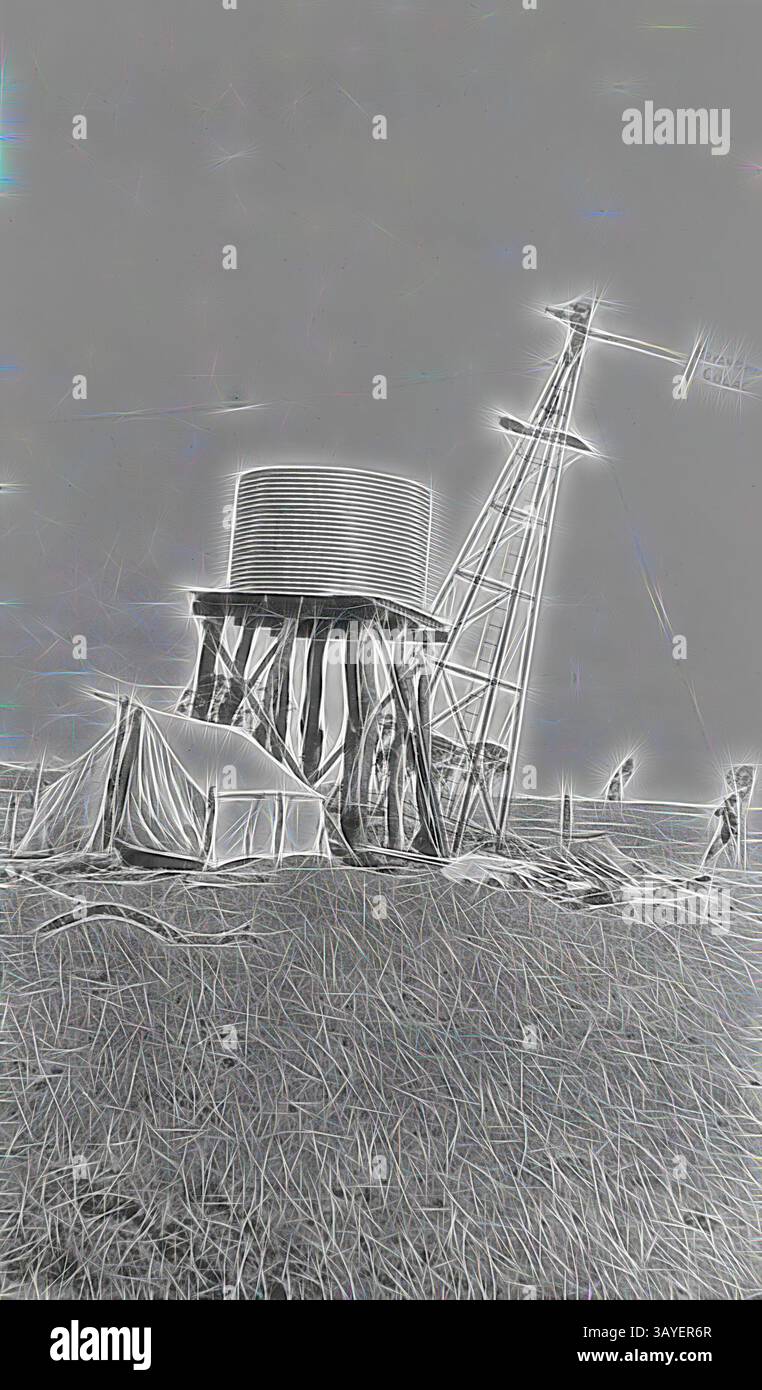 A tall structure with a cylindrical tank atop slender supporting beams ...