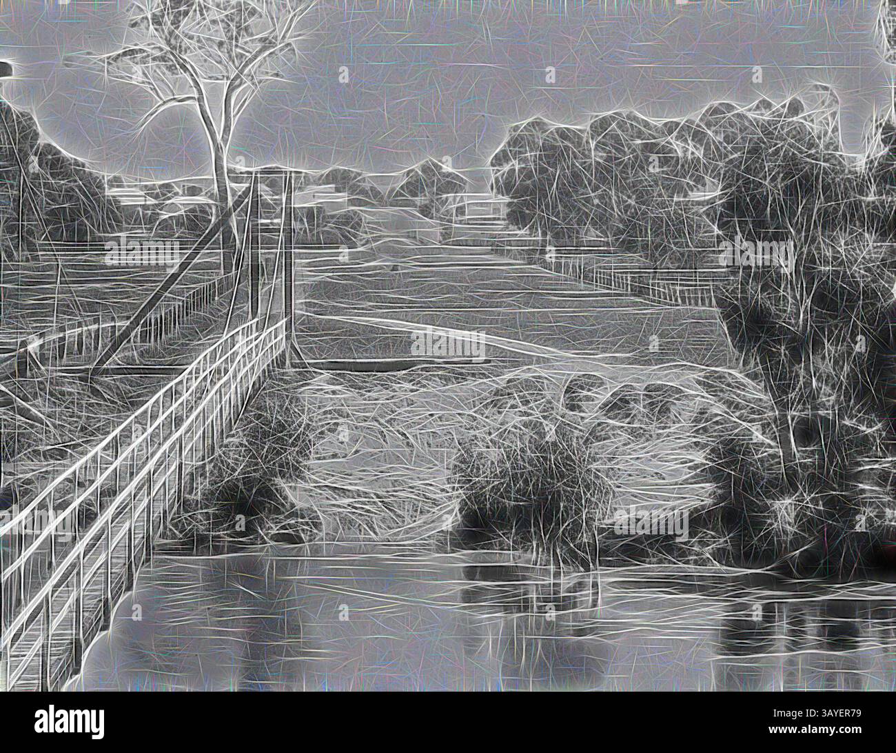 A serene landscape featuring a bridge that spans a tranquil river ...