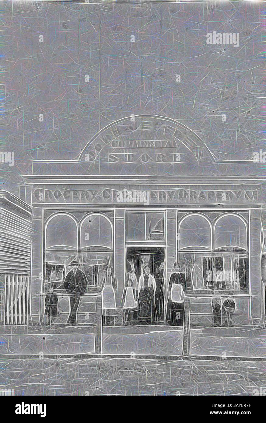 A quaint storefront with an arched sign indicating it sells groceries ...