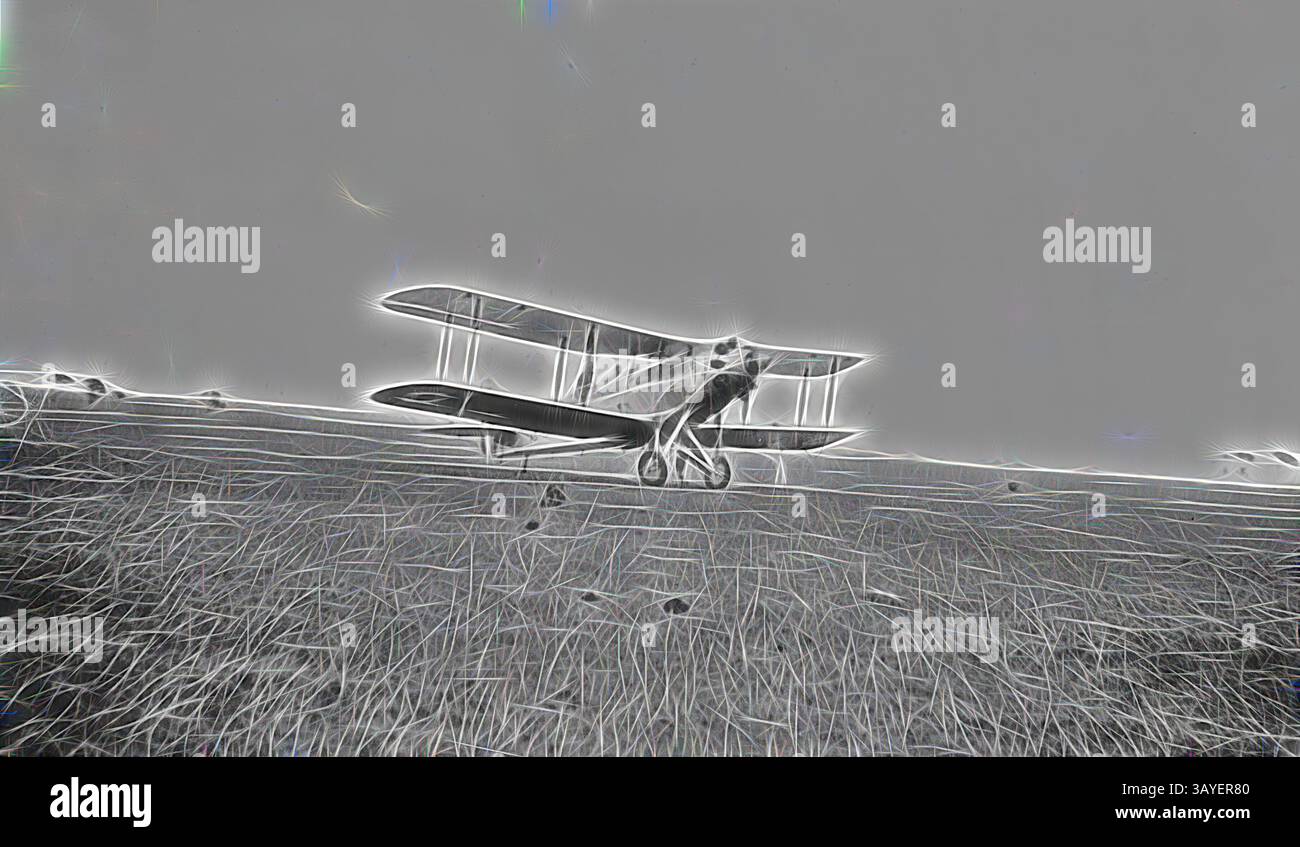A vintage biplane is shown taking off from a grassy landscape, with its ...