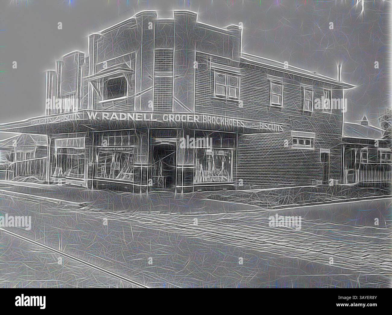 A vintage grocery store front features bold lettering and large display ...