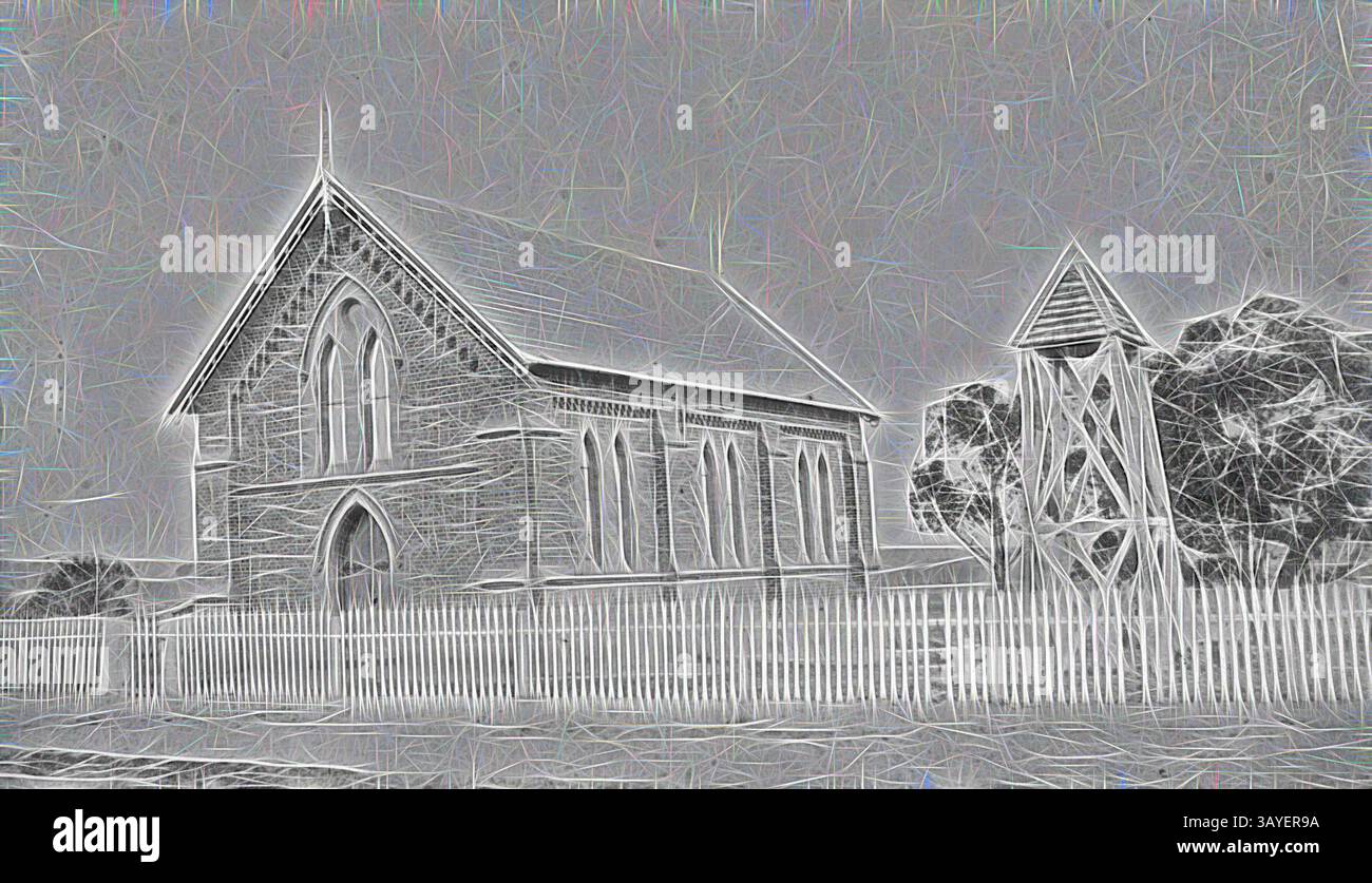 An intricately outlined church stands beside a tall, slender bell tower ...