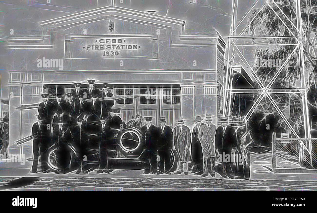 A group of firefighters stands proudly in front of a historic fire ...