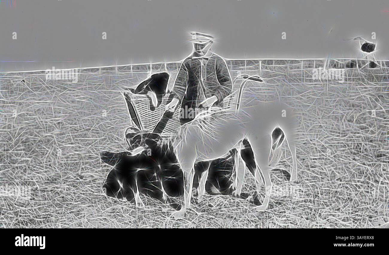 A person stands with a cart, flanked by two dogs, in a rural setting ...