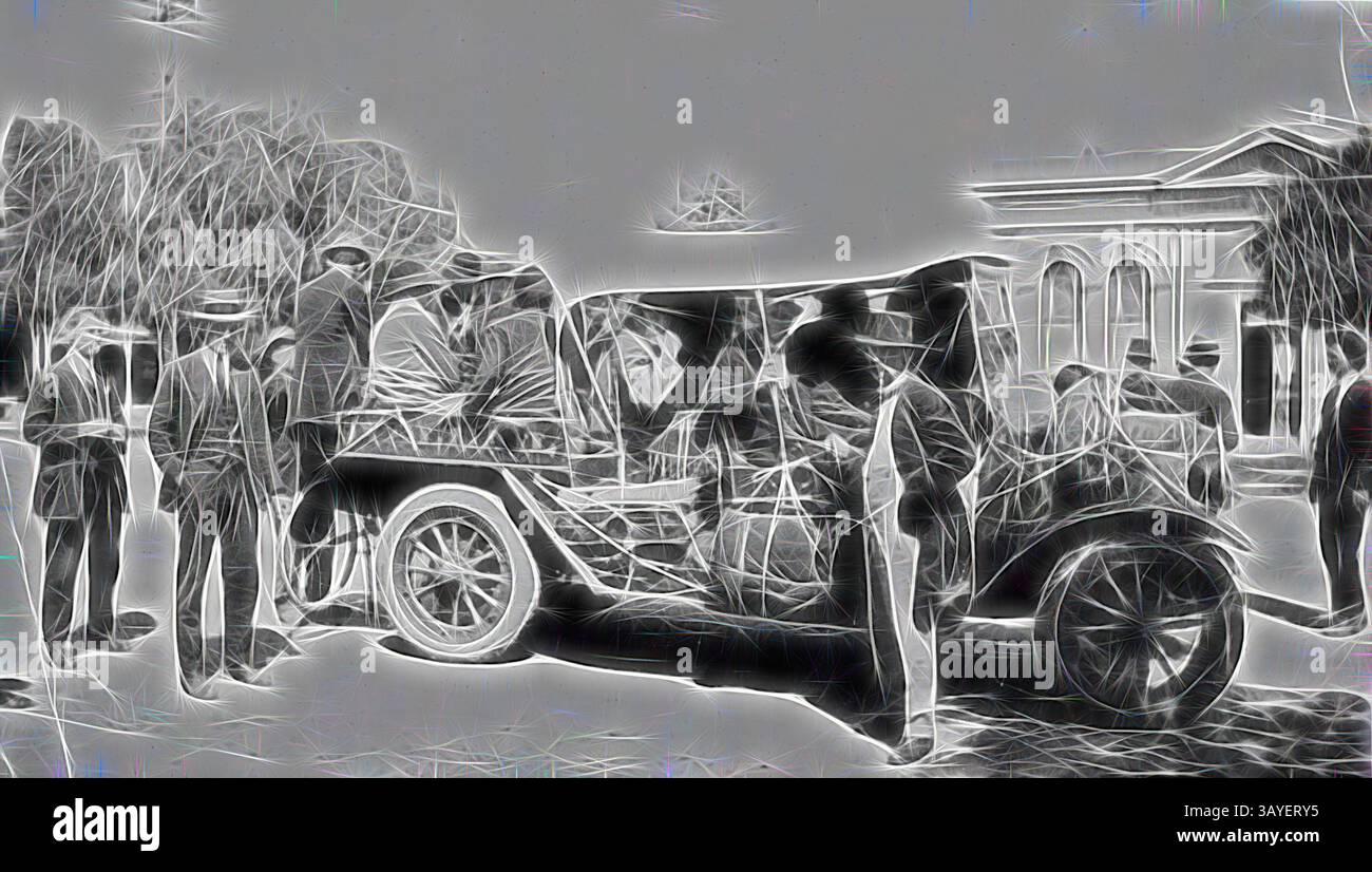 A group of elegantly dressed individuals gather around an early 20th ...