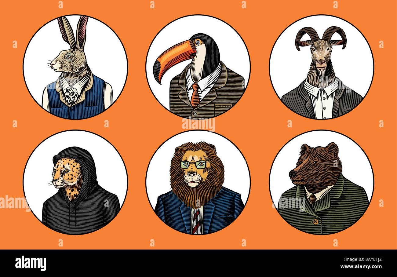 6 different animals and birds in humans clothes and suits. Lion, tuscan ...