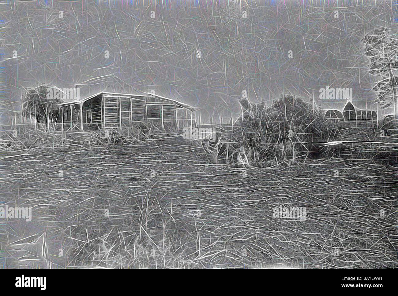 A serene rural landscape features a rustic barn and outbuildings ...