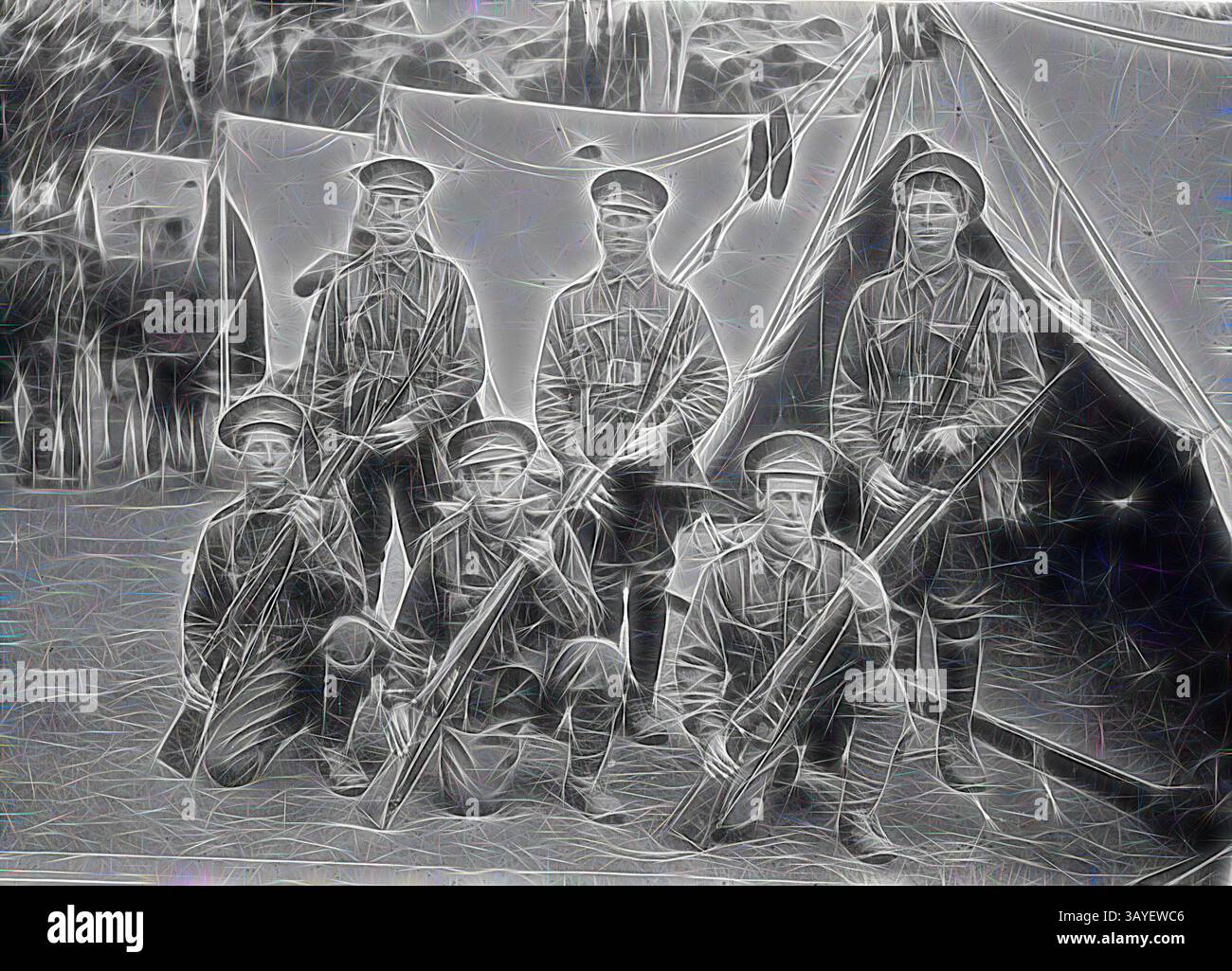 A group of six soldiers, dressed in military uniforms and hats, stands ...