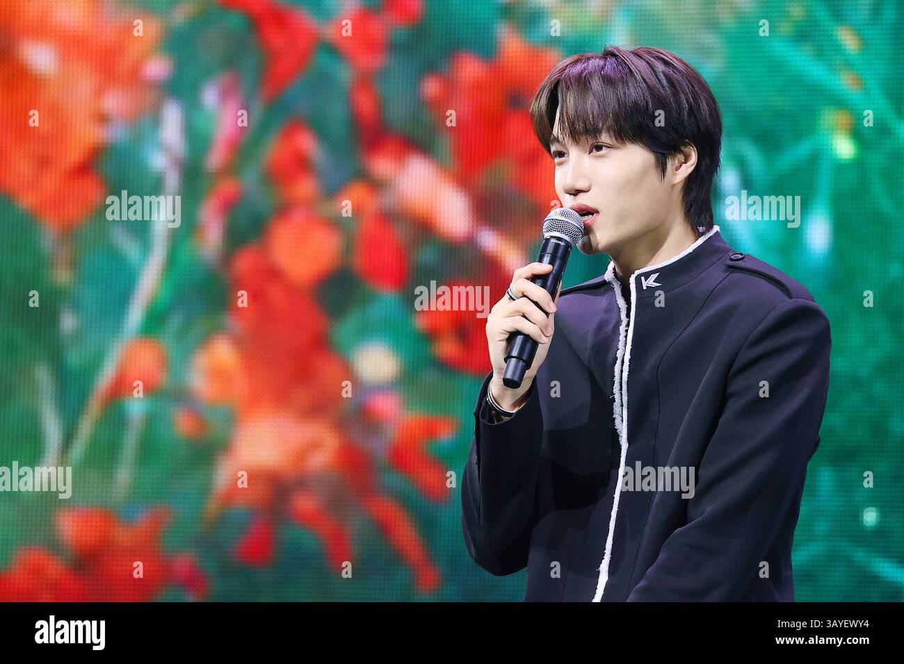 23rd Apr, 2025. S. Korean singer Kai Kai, a member of South Korean boy group EXO, speaks during ...