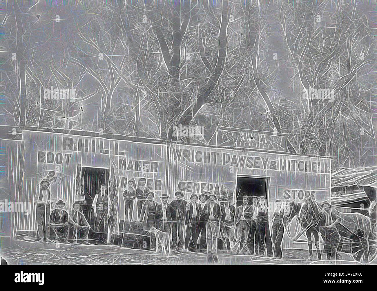 A bustling scene depicting a group of people gathered outside a general ...