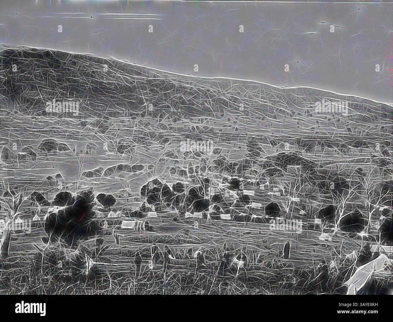 A stylized landscape featuring rolling hills, dotted with trees and ...