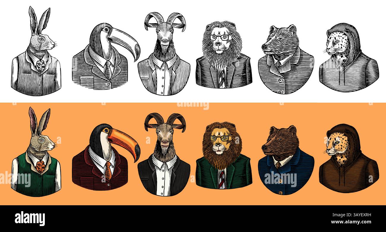 6 different animals and birds in humans clothes and suits. Lion, tuscan ...