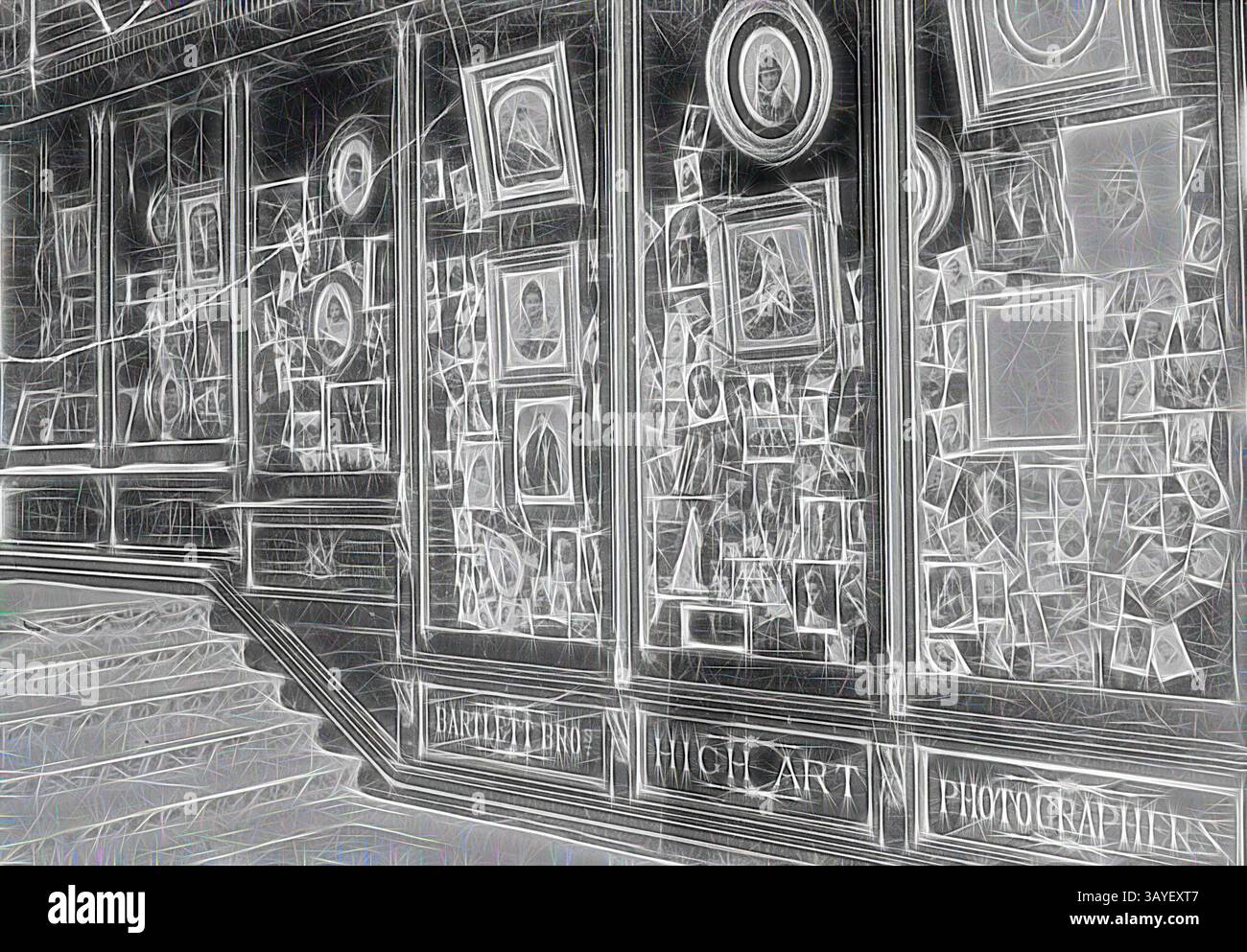 A display of various framed portraits and art pieces arranged in a shop ...