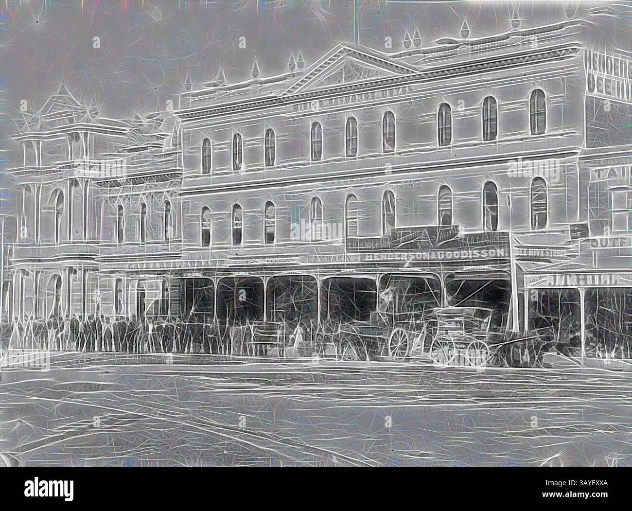 A historic street scene featuring an ornate building facade with ...
