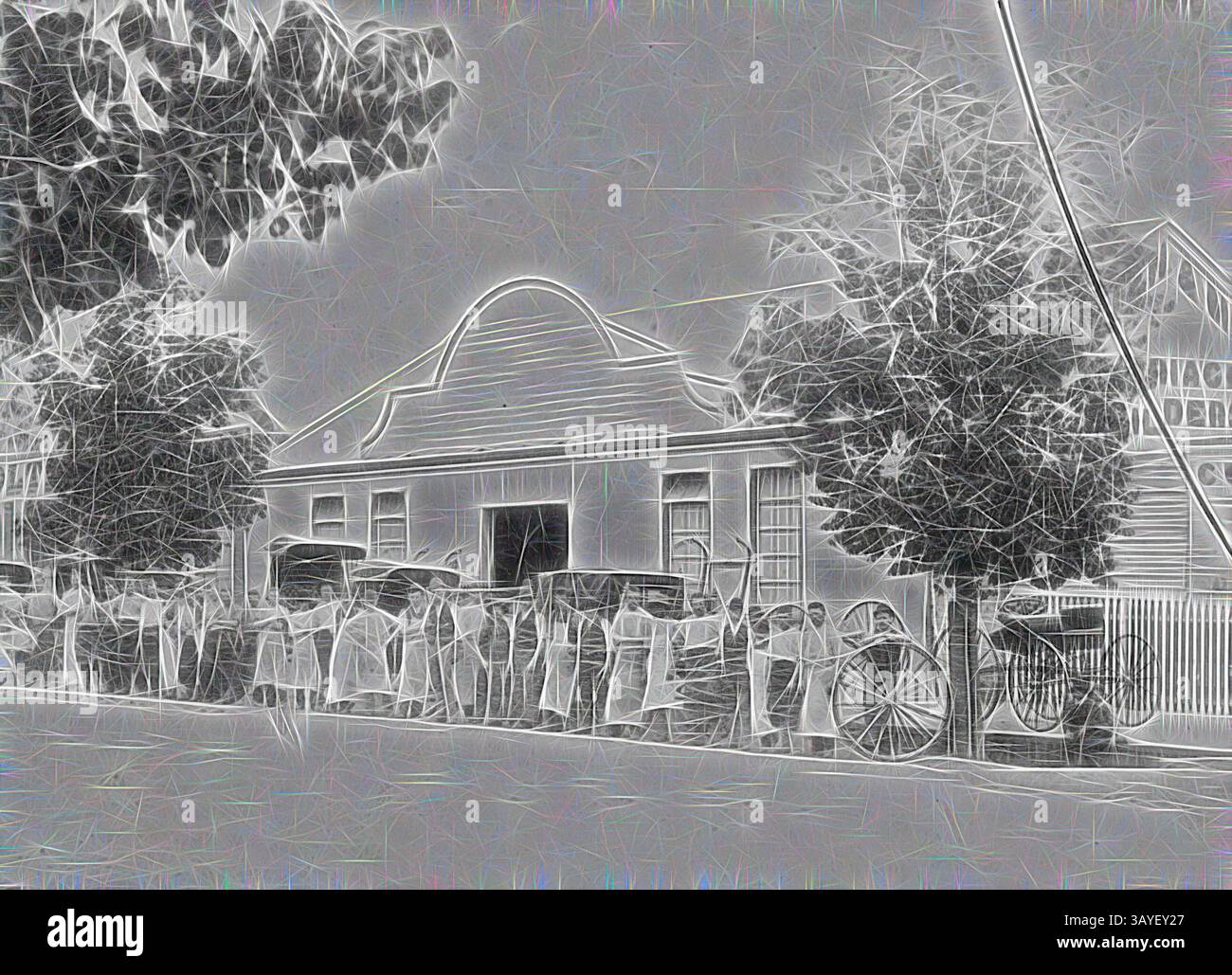 A lively crowd gathers in front of a historic building, with many ...